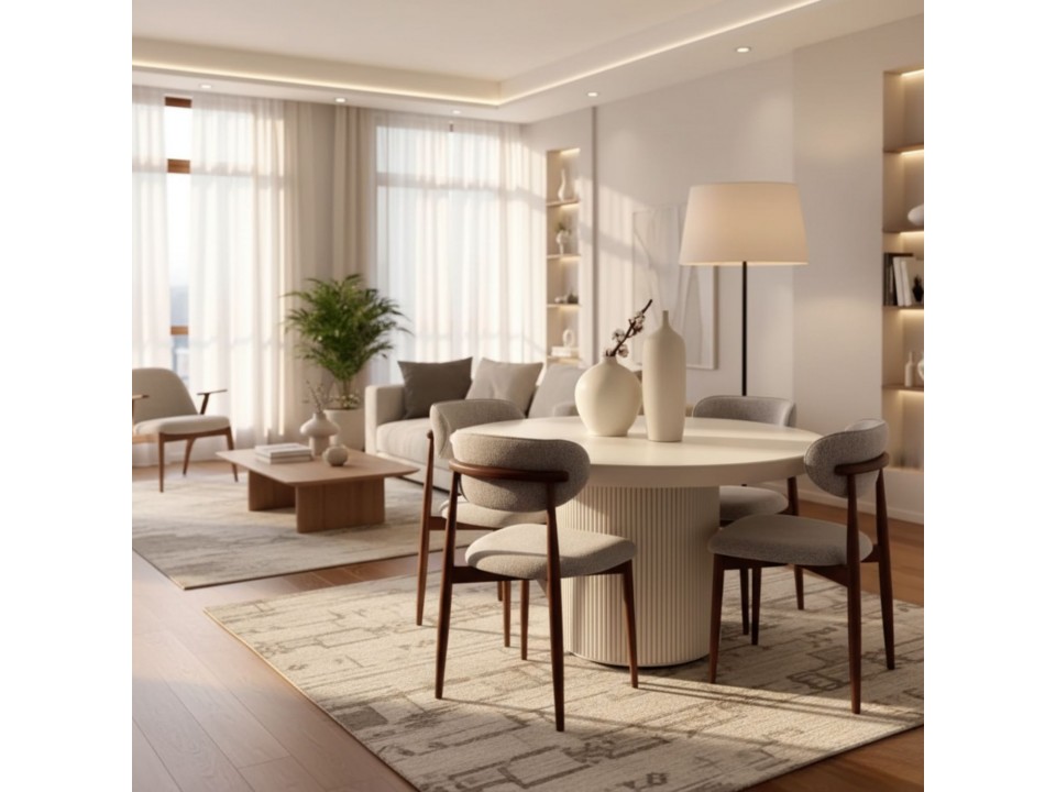 Comedor Circular Luciane de 5 sillas tapizado en tela chenille